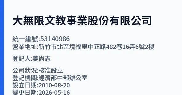 大無限文教事業股份有限公司的照片-統編 53140986(新竹市) 公司登記資料與營業項目詳細圖表