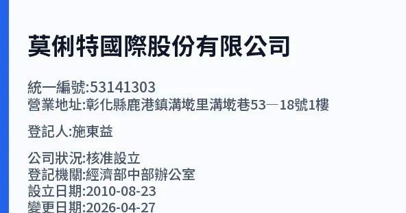 莫俐特國際股份有限公司的照片-統編 53141303(彰化縣) 公司登記資料與營業項目詳細圖表