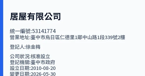 居屋有限公司的照片-統編 53141774(臺中市) 公司登記資料與營業項目詳細圖表