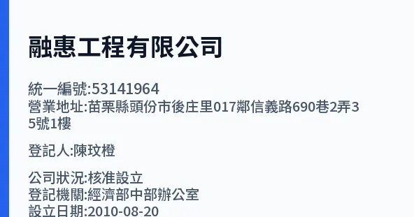融惠工程有限公司的照片-統編 53141964(苗栗縣) 公司登記資料與營業項目詳細圖表