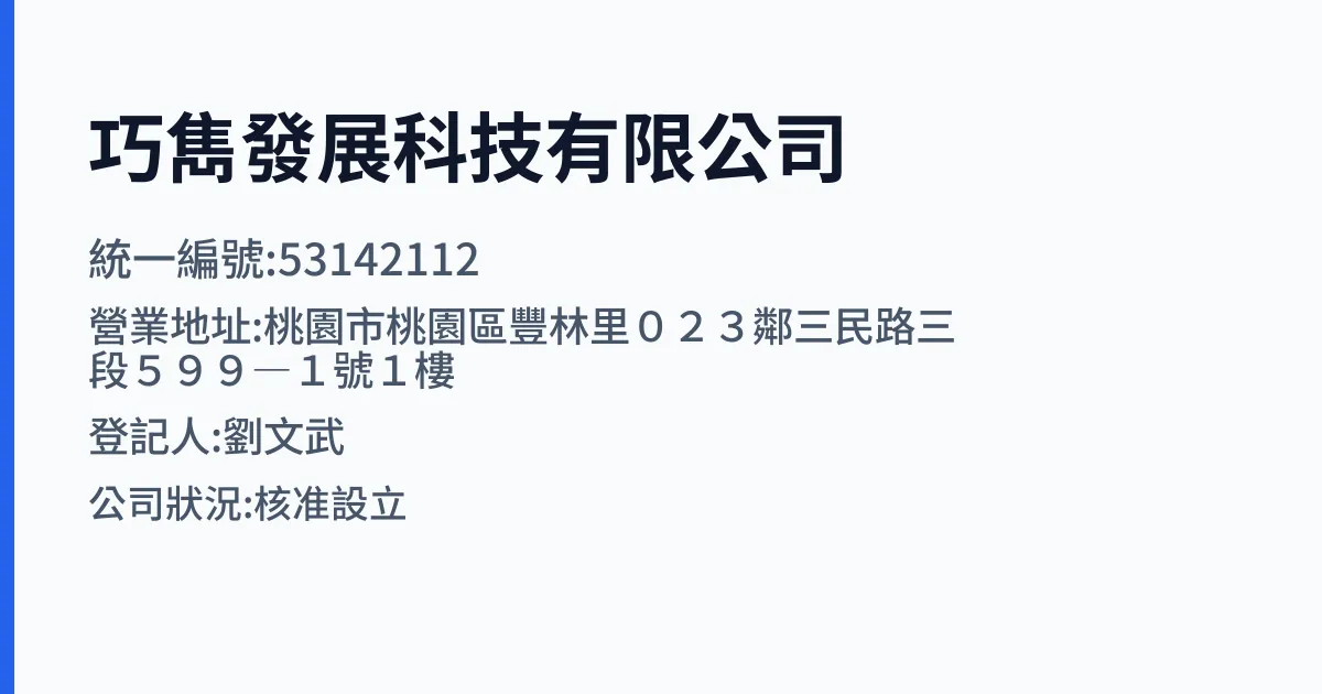 巧雋發展科技有限公司 - 統編 53142112(桃園市) 公司登記資料與營業項目詳細圖表
