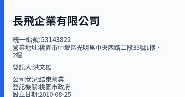 長飛企業有限公司的照片-統編 53143822(桃園市) 公司登記資料與營業項目詳細圖表