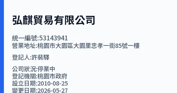 弘麒貿易有限公司的照片-統編 53143941(桃園市) 公司登記資料與營業項目詳細圖表