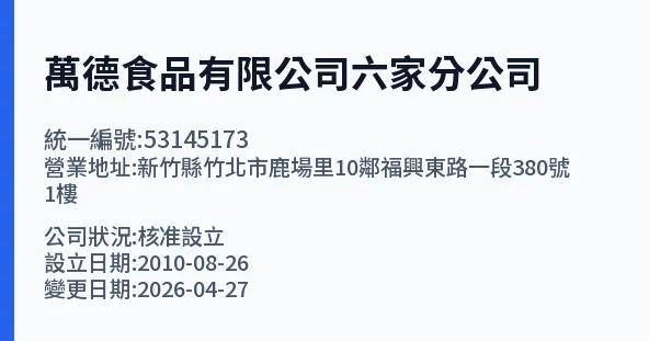 萬德食品有限公司六家分公司的照片-統編 53145173(新竹縣) 公司登記資料與營業項目詳細圖表