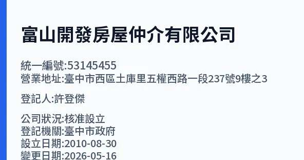 富山開發房屋仲介有限公司的照片-統編 53145455(臺中市) 公司登記資料與營業項目詳細圖表