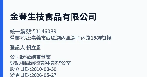 金豐生技食品有限公司的照片-統編 53146089(嘉義市) 公司登記資料與營業項目詳細圖表