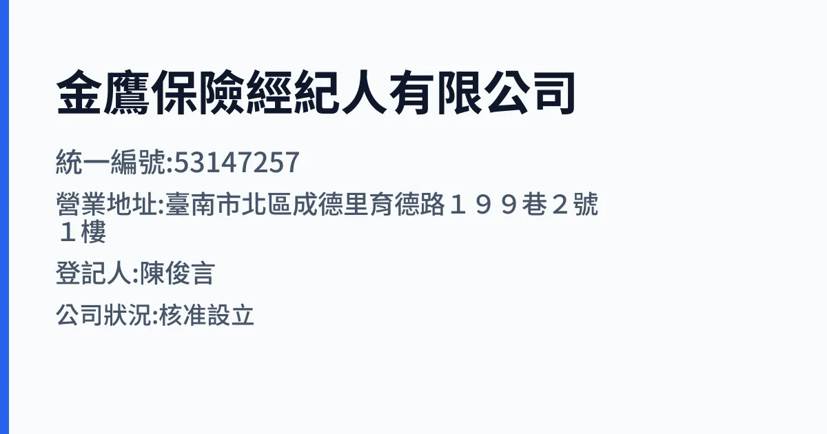 金鷹保險經紀人有限公司 - 統編 53147257(臺南市) 公司登記資料與營業項目詳細圖表