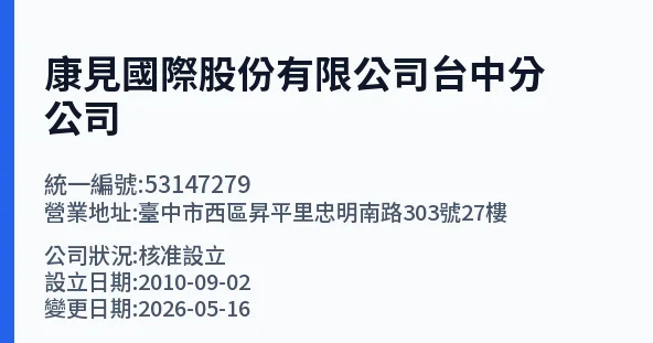 康見國際股份有限公司台中分公司的照片-統編 53147279(臺中市) 公司登記資料與營業項目詳細圖表