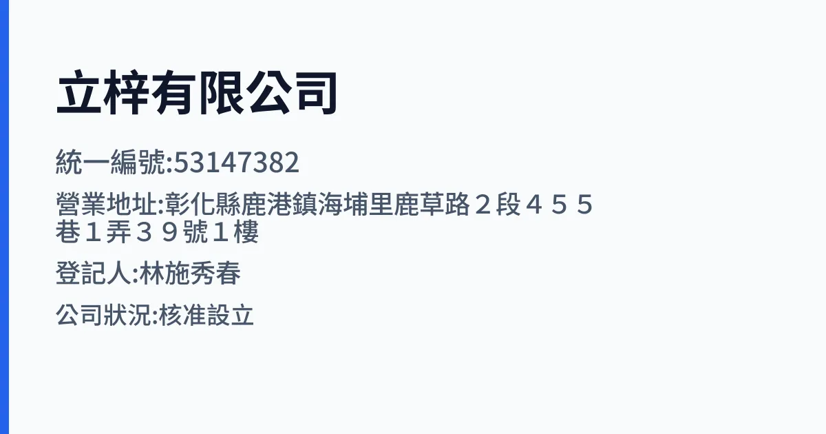 立梓有限公司 - 統編 53147382(彰化縣) 公司登記資料與營業項目詳細圖表