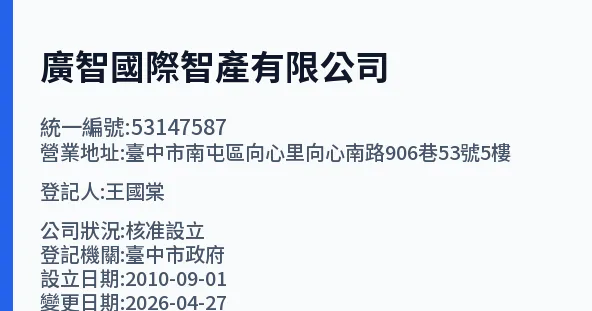 廣智國際智產有限公司的照片-統編 53147587(臺中市) 公司登記資料與營業項目詳細圖表