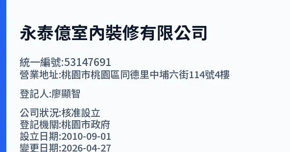 永泰億室內裝修有限公司的照片-統編 53147691(桃園市) 公司登記資料與營業項目詳細圖表