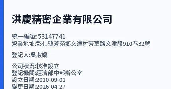 洪慶精密企業有限公司的照片-統編 53147741(彰化縣) 公司登記資料與營業項目詳細圖表