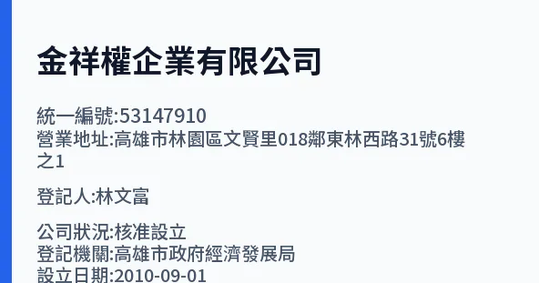 金祥權企業有限公司的照片-統編 53147910(高雄市) 公司登記資料與營業項目詳細圖表
