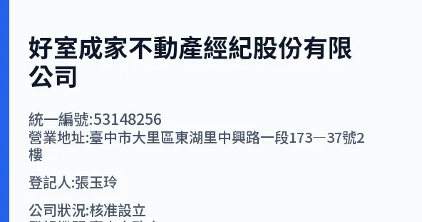 好室成家不動產經紀股份有限公司的照片-統編 53148256(臺中市) 公司登記資料與營業項目詳細圖表