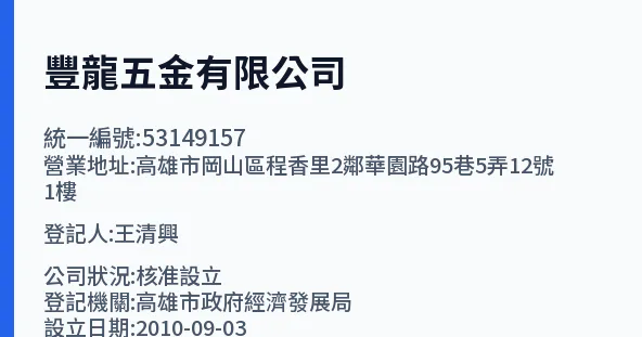 豐龍五金有限公司的照片-統編 53149157(高雄市) 公司登記資料與營業項目詳細圖表