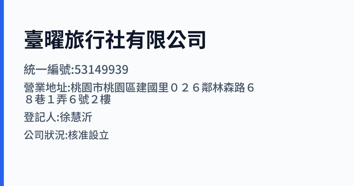 臺曜旅行社有限公司 - 統編 53149939(桃園市) 公司登記資料與營業項目詳細圖表