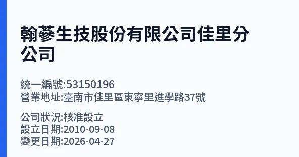 翰蔘生技股份有限公司佳里分公司的照片-統編 53150196(臺南市) 公司登記資料與營業項目詳細圖表