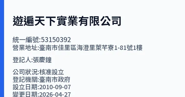 遊遍天下實業有限公司的照片-統編 53150392(臺南市) 公司登記資料與營業項目詳細圖表