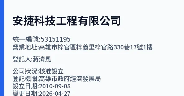 安捷科技工程有限公司的照片-統編 53151195(高雄市) 公司登記資料與營業項目詳細圖表