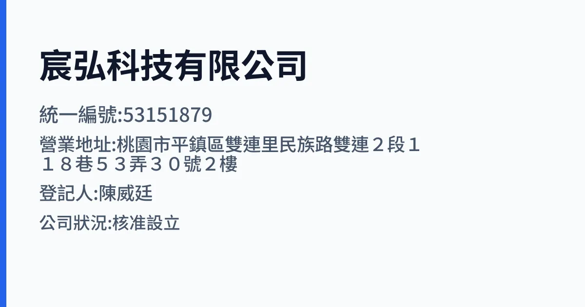 宸弘科技有限公司 - 統編 53151879(桃園市) 公司登記資料與營業項目詳細圖表