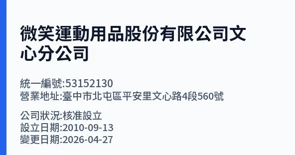 微笑運動用品股份有限公司文心分公司的照片-統編 53152130(臺中市) 公司登記資料與營業項目詳細圖表