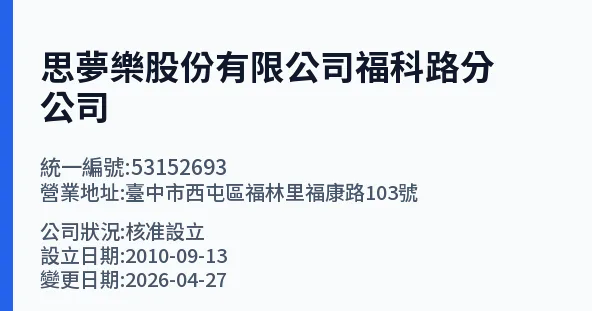 思夢樂股份有限公司福科路分公司的照片-統編 53152693(臺中市) 公司登記資料與營業項目詳細圖表