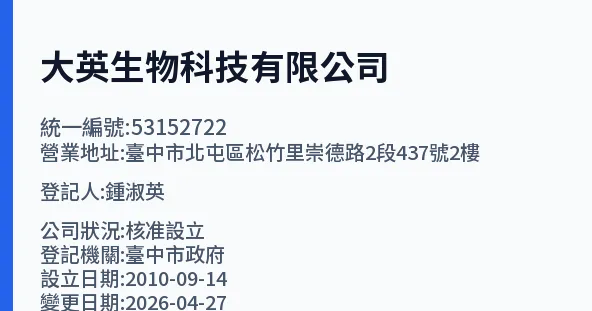 大英生物科技有限公司的照片-統編 53152722(臺中市) 公司登記資料與營業項目詳細圖表