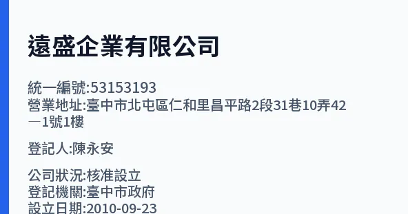 遠盛企業有限公司的照片-統編 53153193(臺中市) 公司登記資料與營業項目詳細圖表