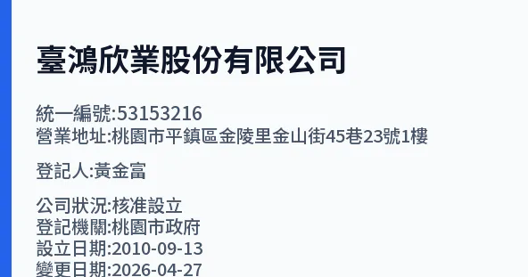 臺鴻欣業股份有限公司的照片-統編 53153216(桃園市) 公司登記資料與營業項目詳細圖表