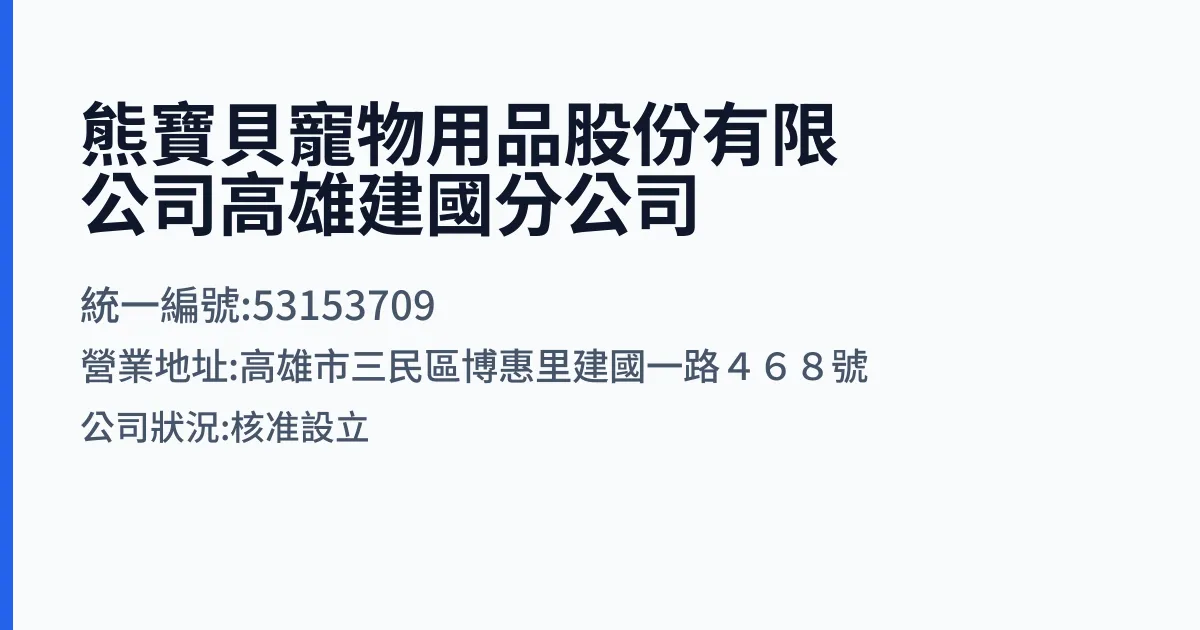 熊寶貝寵物用品股份有限公司高雄建國分公司 - 統編 53153709(高雄市) 公司登記資料與營業項目詳細圖表