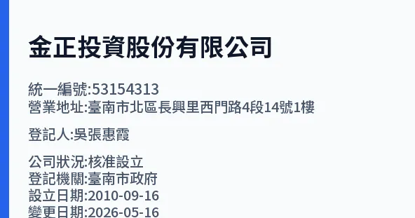 金正投資股份有限公司的照片-統編 53154313(臺南市) 公司登記資料與營業項目詳細圖表