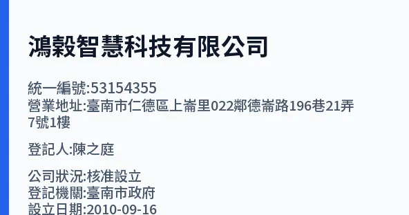 鴻榖智慧科技有限公司的照片-統編 53154355(臺南市) 公司登記資料與營業項目詳細圖表