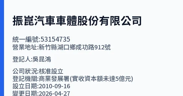 振崑汽車車體股份有限公司的照片-統編 53154735(新竹縣) 公司登記資料與營業項目詳細圖表