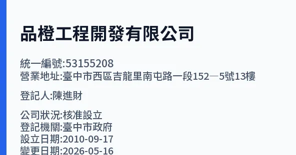 品橙工程開發有限公司的照片-統編 53155208(臺中市) 公司登記資料與營業項目詳細圖表