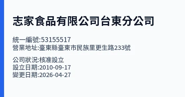 志家食品有限公司台東分公司的照片-統編 53155517(臺東縣) 公司登記資料與營業項目詳細圖表