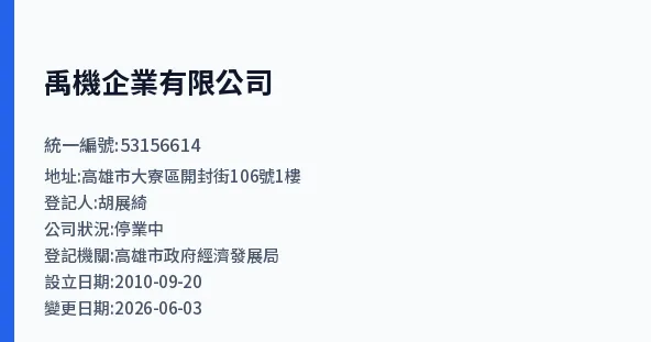 禹機企業有限公司的照片-統編 53156614(高雄市) 公司登記資料與營業項目詳細圖表