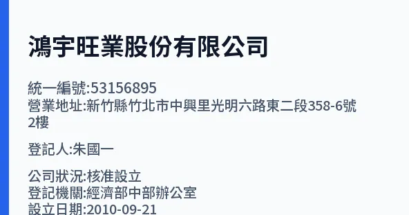 鴻宇旺業股份有限公司的照片-統編 53156895(新竹縣) 公司登記資料與營業項目詳細圖表
