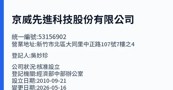京威先進科技股份有限公司的照片-統編 53156902(新竹市) 公司登記資料與營業項目詳細圖表