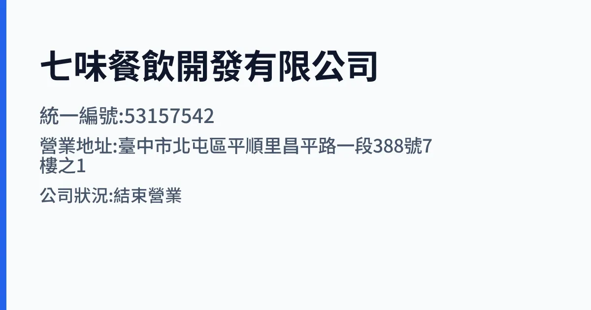 七味餐飲開發有限公司 - 統編 53157542(臺中市) 公司登記資料與營業項目詳細圖表