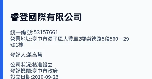睿登國際有限公司的照片-統編 53157661(臺中市) 公司登記資料與營業項目詳細圖表