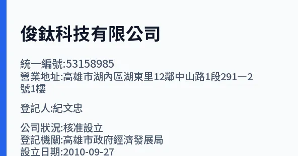 俊鈦科技有限公司的照片-統編 53158985(高雄市) 公司登記資料與營業項目詳細圖表