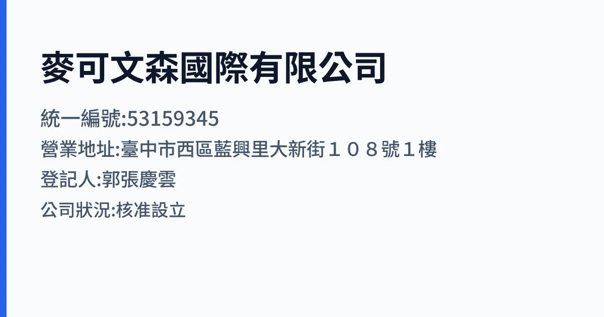 麥可文森國際有限公司 - 統編 53159345(臺中市) 公司登記資料與營業項目詳細圖表