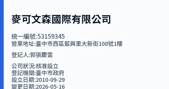 麥可文森國際有限公司的照片-統編 53159345(臺中市) 公司登記資料與營業項目詳細圖表