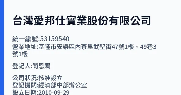 台灣愛邦仕實業股份有限公司的照片-統編 53159540(基隆市) 公司登記資料與營業項目詳細圖表