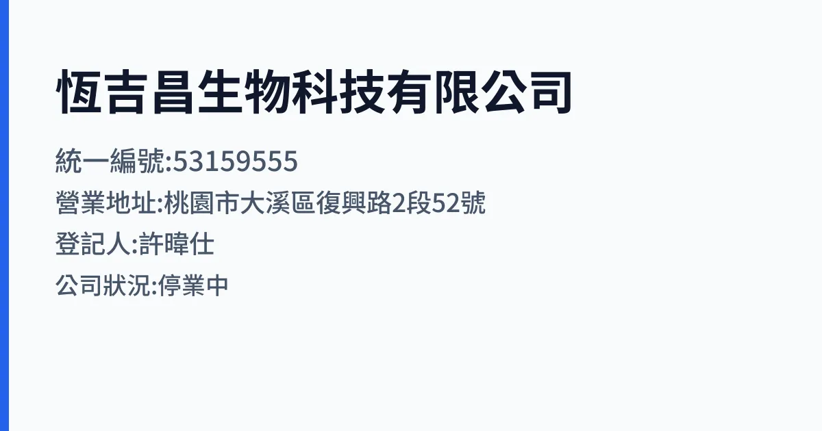 恆吉昌生物科技有限公司 - 統編 53159555(桃園市) 公司登記資料與營業項目詳細圖表