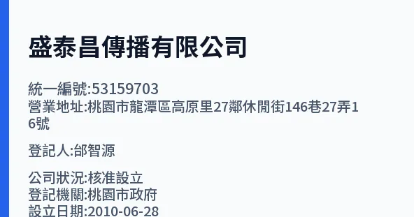 盛泰昌傳播有限公司的照片-統編 53159703(桃園市) 公司登記資料與營業項目詳細圖表