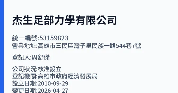 杰生足部力學有限公司的照片-統編 53159823(高雄市) 公司登記資料與營業項目詳細圖表