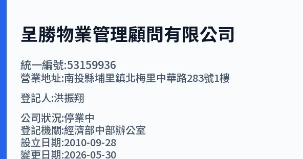 呈勝物業管理顧問有限公司的照片-統編 53159936(南投縣) 公司登記資料與營業項目詳細圖表
