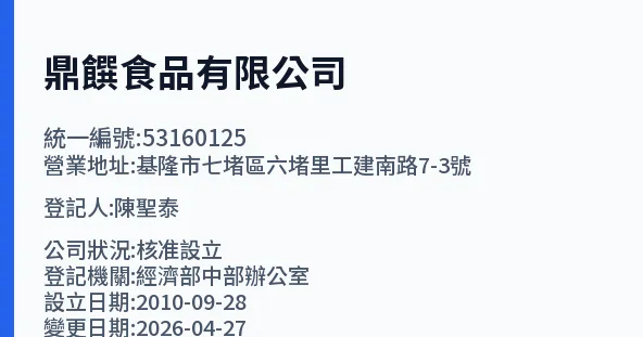 鼎饌食品有限公司的照片-統編 53160125(基隆市) 公司登記資料與營業項目詳細圖表