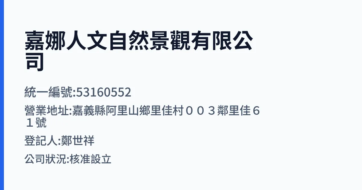嘉娜人文自然景觀有限公司 - 統編 53160552(嘉義縣) 公司登記資料與營業項目詳細圖表